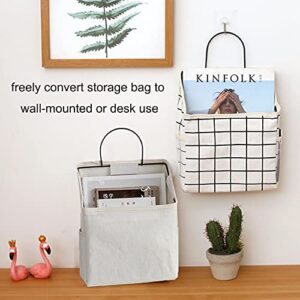 N BoXingYuan Wall Hanging Storage Bag Linen Cotton Organizer Wall Door Closet Bag Organizer with Adhesive Hook for Bedroom Bathroom Living Room (Plant+GreyGrid)