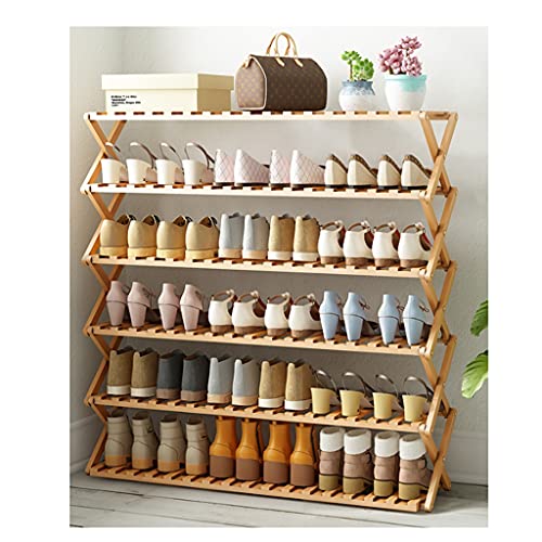 QIFFIY Six Layer Bamboo Shoe Rack Installation Free Simple Folding Solid Wood Shoe Cabinet Entrance Shoe Shelf(Natural Bamboo)