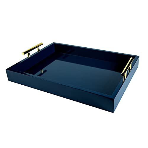 Qmpro Rectangular Decorative Tray Luxury Large Serving Ottoman Trays High Glossy Wooden Coffee Table Decor for Food with Polished Golden Metal Handles,16x12x3.2 Inch，Glossy Navey Blue