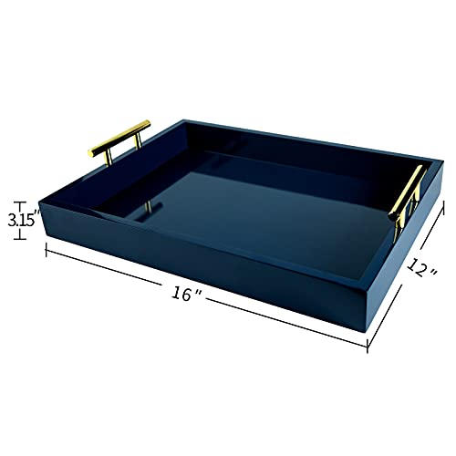 Qmpro Rectangular Decorative Tray Luxury Large Serving Ottoman Trays High Glossy Wooden Coffee Table Decor for Food with Polished Golden Metal Handles,16x12x3.2 Inch，Glossy Navey Blue