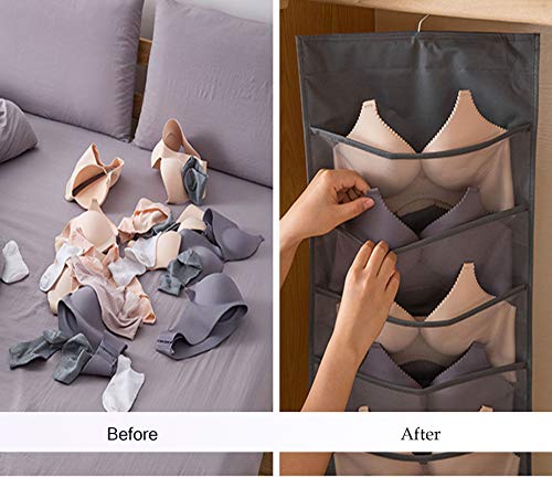 ST-BEST-P Bra and Underwear Hanging Storage Organizer Mesh Pockets Dual Sided Wall Shelves Space Saver Bag Sock Underpants Drawer Closet Clothes Rack (Beige:(5+10 Pockets))