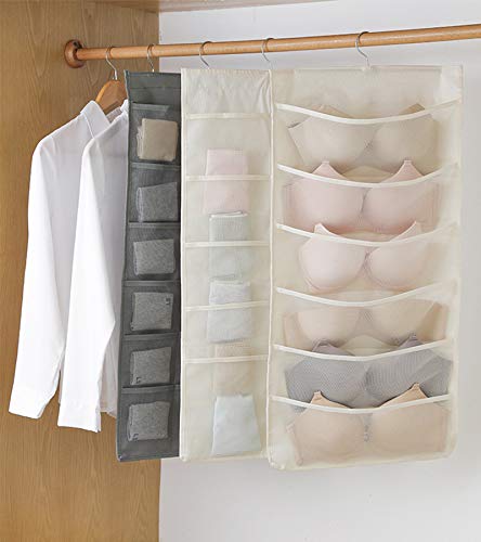 ST-BEST-P Bra and Underwear Hanging Storage Organizer Mesh Pockets Dual Sided Wall Shelves Space Saver Bag Sock Underpants Drawer Closet Clothes Rack (Beige:(5+10 Pockets))