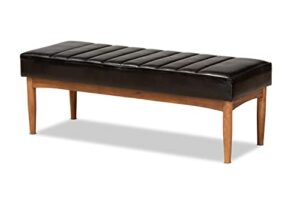 baxton studio daymond mid-century modern dark brown faux leather upholstered and walnut brown finished wood dining bench