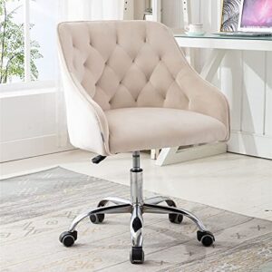 ssline modern cute desk chair elegant velvet home office computer chair on wheels upholstered swivel task chair w/tufted back stylish vanity chairs for girls women (c type-beige)