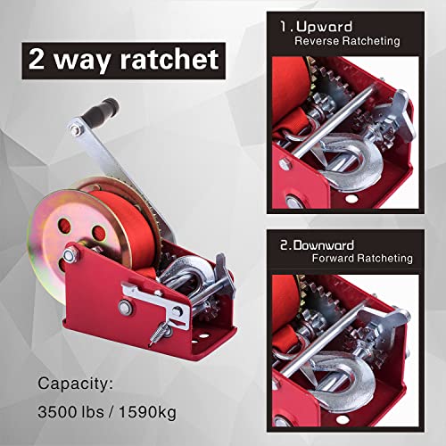 Hand Winch Heavy Duty 3500lbs with Nylon Strap and Ratchet Handle Hook 2 Gear Manual Crank Towing Winch for ATV Boat Trailer Truck Auto (3500 Red)