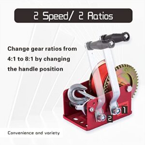 Hand Winch Heavy Duty 3500lbs with Nylon Strap and Ratchet Handle Hook 2 Gear Manual Crank Towing Winch for ATV Boat Trailer Truck Auto (3500 Red)