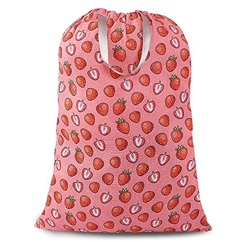 Sanlykate Extra Large Laundry Bag with Drawstring Closure and Handle, 28 x 40 Inch Heavy Duty Travel Dirty Clothes Bag for Laundromat and Household, Pink Strawberry