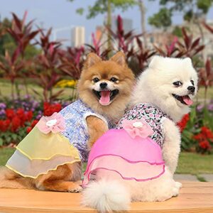 Pet Cute Floral Small Dog Dress For Girl Boy Cats Rabbit Fancy Tutu Adorable Princess Petite Vest Doggie Dresses With Mesh Flower For Pomeranian Chihuahua Skirt Summer Style Puppy Supplies (Yellow, S)