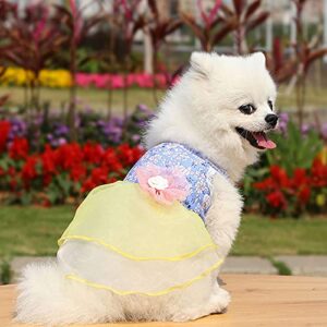 Pet Cute Floral Small Dog Dress For Girl Boy Cats Rabbit Fancy Tutu Adorable Princess Petite Vest Doggie Dresses With Mesh Flower For Pomeranian Chihuahua Skirt Summer Style Puppy Supplies (Yellow, S)