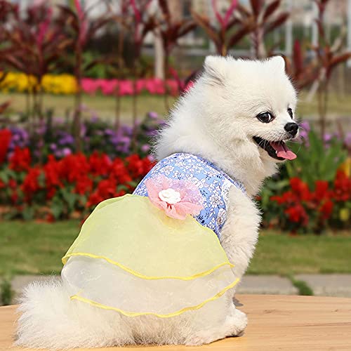 Pet Cute Floral Small Dog Dress For Girl Boy Cats Rabbit Fancy Tutu Adorable Princess Petite Vest Doggie Dresses With Mesh Flower For Pomeranian Chihuahua Skirt Summer Style Puppy Supplies (Yellow, S)