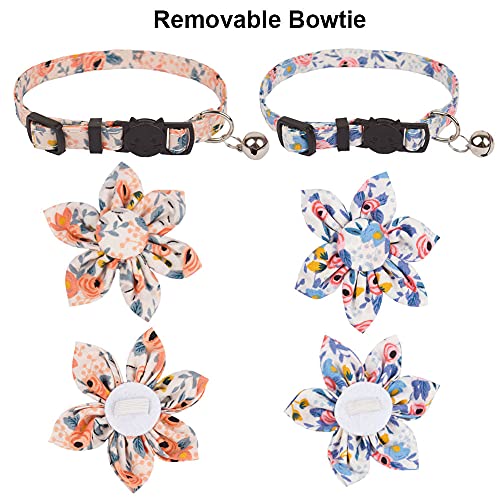 ADOGGYGO Breakaway Cat Collar with Bells, 2 Pack Flower Cat Collars for Girl Cat Kitten Collar with Removable Floral Adjustable Collars for Cats (Pink & Blue)