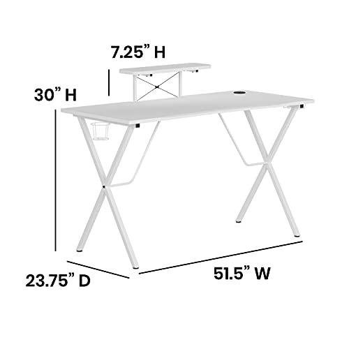 EMMA + OLIVER White Gaming Desk-Cup Holder, Headphone Hook, Monitor/Smartphone Stand