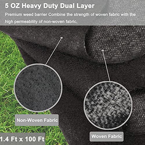 Inslat 5oz Weed Barrier Landscape Fabric Heavy Duty, 1.4 X 100 Ft Pro Ground Cover Garden Lawn Fabric Weed Cloth Control Block Mat for Flower Bed Vegetable Black