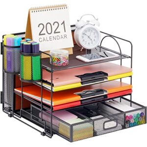 marbrasse 4-trays desk file organizer with 2 pen holder, desktop hanging file holder with drawer, paper letter tray organizer, mesh office supplies desk paper organizer for home office (black)