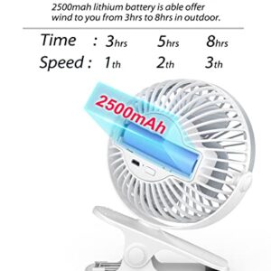 TYZU 5 Inch Clip on Fan, 3-Speed Desk Fan, 2500mAh Battery Operated Portable Stroller Fan with Strong Clamp, Small Dorm Fan with Strong Airflow, 360°Rotate, Quiet USB Fan for Bed Office Treadmill