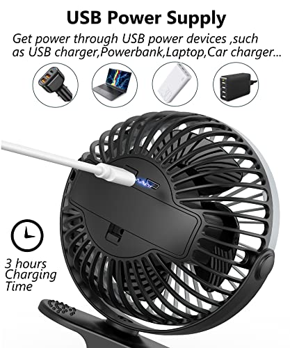 TYZU 5 Inch Clip on Fan, 3-Speed Desk Fan, 2500mAh Battery Operated Portable Stroller Fan with Strong Clamp, Small Dorm Fan with Strong Airflow, 360°Rotate, Quiet USB Fan for Bed Office Treadmill