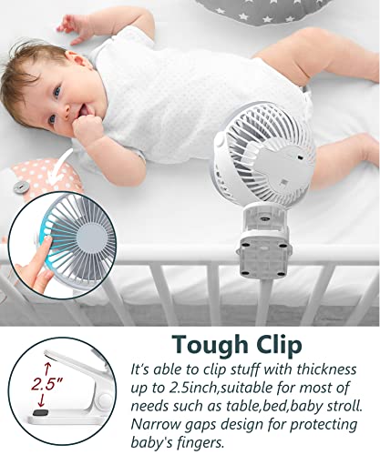 TYZU 5 Inch Clip on Fan, 3-Speed Desk Fan, 2500mAh Battery Operated Portable Stroller Fan with Strong Clamp, Small Dorm Fan with Strong Airflow, 360°Rotate, Quiet USB Fan for Bed Office Treadmill