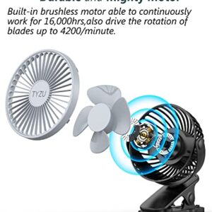 TYZU 5 Inch Clip on Fan, 3-Speed Desk Fan, 2500mAh Battery Operated Portable Stroller Fan with Strong Clamp, Small Dorm Fan with Strong Airflow, 360°Rotate, Quiet USB Fan for Bed Office Treadmill