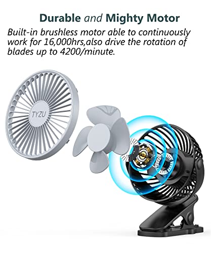 TYZU 5 Inch Clip on Fan, 3-Speed Desk Fan, 2500mAh Battery Operated Portable Stroller Fan with Strong Clamp, Small Dorm Fan with Strong Airflow, 360°Rotate, Quiet USB Fan for Bed Office Treadmill