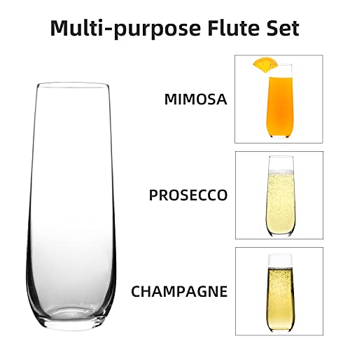 FAWLES Stemless Champagne Flutes Set of 12, Crystal Glass, 8 oz Champagne Glasses, Prosecco Mimosa Glasses Set