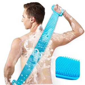 inmorven back scrubber for shower,30inches and 35½ inches two size for choosing silicone exfoliating bath body brush with handle for men and women. (blue)