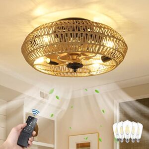 dimmable ceiling fans with lights and remote, rattan ceiling fan with 5 bulbs, enclosed low profile flush mount ceiling fan w/reversible blades/memory function/6 speeds/timing for bedroom living room