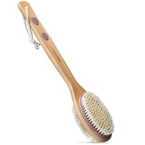 mainbasics back scrubber for shower long handle back brush dual-sided with exfoliating and soft bristles