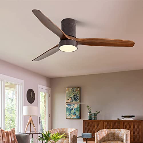 ReLa Mall 52 Inch Low Profile Ceiling Fan, Flush Mount Ceiling Fans with Lights Remote Control,Modern Ceiling Fan with 3 Reversible Solid Wood Silver Blades Noiseless Reversible DC Motor,Brown