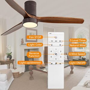 ReLa Mall 52 Inch Low Profile Ceiling Fan, Flush Mount Ceiling Fans with Lights Remote Control,Modern Ceiling Fan with 3 Reversible Solid Wood Silver Blades Noiseless Reversible DC Motor,Brown