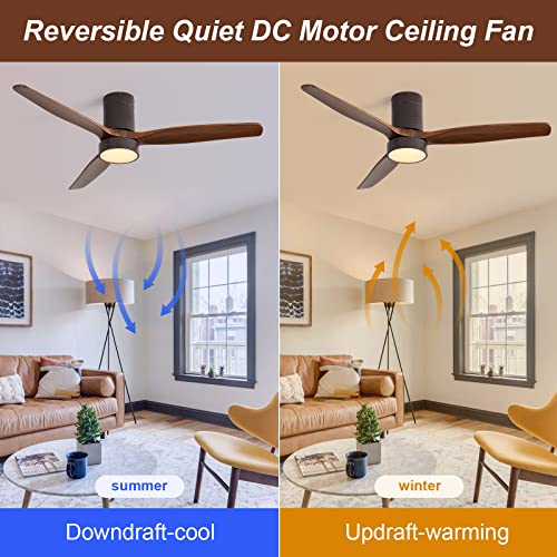 ReLa Mall 52 Inch Low Profile Ceiling Fan, Flush Mount Ceiling Fans with Lights Remote Control,Modern Ceiling Fan with 3 Reversible Solid Wood Silver Blades Noiseless Reversible DC Motor,Brown