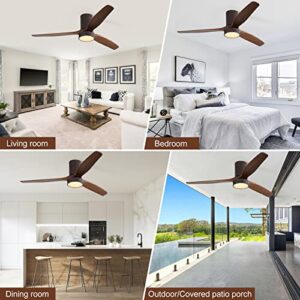 ReLa Mall 52 Inch Low Profile Ceiling Fan, Flush Mount Ceiling Fans with Lights Remote Control,Modern Ceiling Fan with 3 Reversible Solid Wood Silver Blades Noiseless Reversible DC Motor,Brown