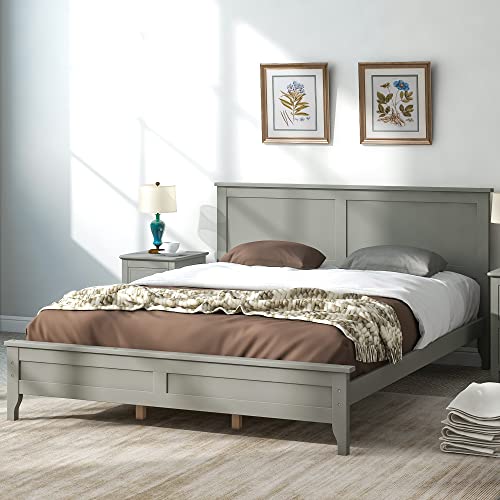 LZ LEISURE ZONE Modern Style Solid Wood Queen Size Platform Bed with Headboard/Footboard/Wood Bed Frame and Solid Wood Center Support Legs, No Box Spring Needed (Grey)