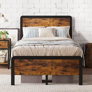 idealhouse twin bed frame with vintage wood headboard, platform bed frame with safe rounded corners & strong metal slats support, mattress foundation/noise-free/no box spring needed