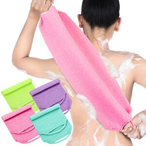 exfoliating back scrubber with handles 4 packs nylon back exfoliator extended length back washers scrubbers stretchable pull strap exfoliating washcloth (pink, blue, fluorescent green, purple)