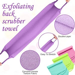 Exfoliating Back Scrubber with Handles 4 Packs Nylon Back Exfoliator Extended Length Back Washers Scrubbers Stretchable Pull Strap Exfoliating Washcloth (Pink, Blue, Fluorescent Green, Purple)