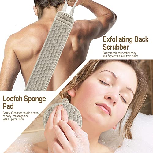 Suntee Exfoliating Back Scrubber & Exfoliating Sponge Pad Set for Shower, Bath Shower Scrubber for Men and Women, Luffa Scrubber to Deep Clean Relax Your Body (36.5 inch & 3.5 inch)