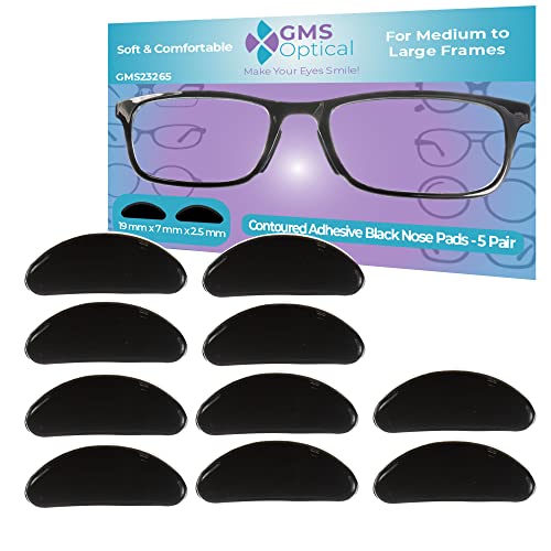 GMS Optical® 2.5mm Anti-Slip Adhesive Contoured Soft Silicone Nose Pads with Super Sticky Backing for Glasses, Sunglasses, and Eye Wear - 5 Pair (Black)