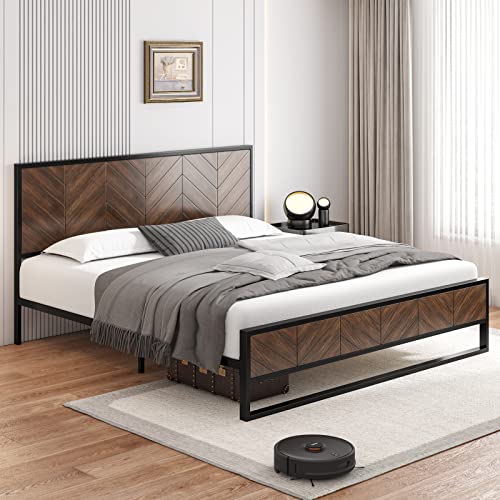 HIFIT Queen Deluxe Bed Frame with Natural Wood Finished Headboard and Footboard, Wood Platform Bed Frame with Strong Metal Frame, Wood Slat Support, No Box Spring Needed, Noise Free, Rustic Brown