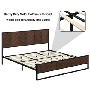 HIFIT Queen Deluxe Bed Frame with Natural Wood Finished Headboard and Footboard, Wood Platform Bed Frame with Strong Metal Frame, Wood Slat Support, No Box Spring Needed, Noise Free, Rustic Brown