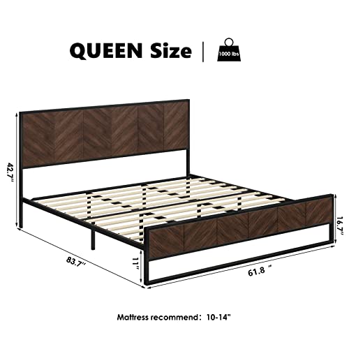 HIFIT Queen Deluxe Bed Frame with Natural Wood Finished Headboard and Footboard, Wood Platform Bed Frame with Strong Metal Frame, Wood Slat Support, No Box Spring Needed, Noise Free, Rustic Brown