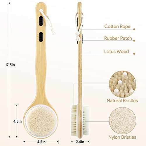 Dual-Sided Long Handle Shower Brush with Soft and Stiff Bristles,Tukuos Back Scrubber Exfoliating Body Scrubber for Wet or Dry Brushing Bath Shower Body Brush