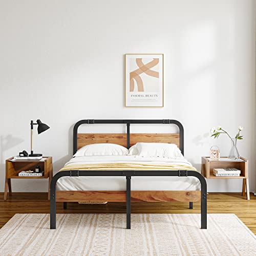 Breezehome Full Size Bed Frame with Rustic Wood Headboard and Footboard, 14 Inch High Heavy Duty Steel Slats with 3500 Pounds Support for Mattress, Noise-Free, No Box Spring Needed