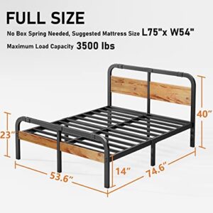 Breezehome Full Size Bed Frame with Rustic Wood Headboard and Footboard, 14 Inch High Heavy Duty Steel Slats with 3500 Pounds Support for Mattress, Noise-Free, No Box Spring Needed