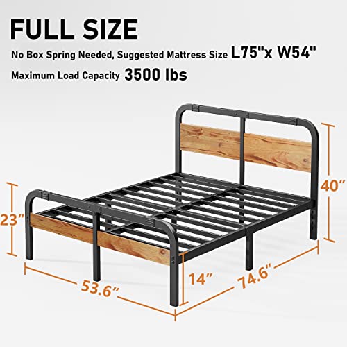 Breezehome Full Size Bed Frame with Rustic Wood Headboard and Footboard, 14 Inch High Heavy Duty Steel Slats with 3500 Pounds Support for Mattress, Noise-Free, No Box Spring Needed