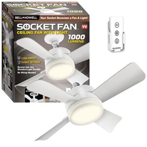 socket fan ceiling fan with light, 1000 lumens ceiling fan with light & remote, screws into any light socket no wiring needed, 3 fan speeds 3 light settings, college dorm room essentials as seen on tv