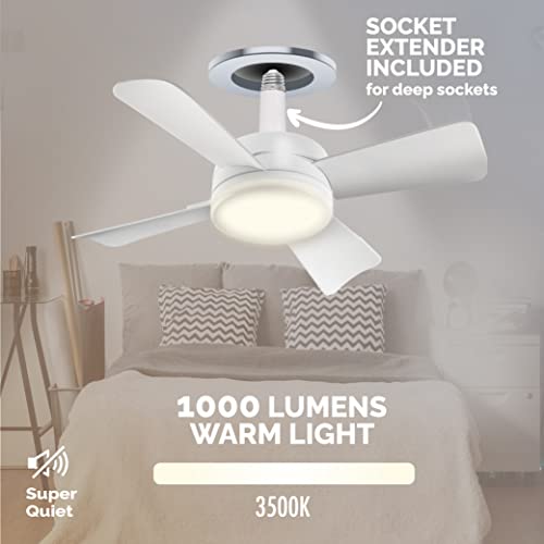 Socket Fan Ceiling Fan with Light, 1000 Lumens Ceiling Fan with Light & Remote, Screws into Any Light Socket No Wiring Needed, 3 Fan Speeds 3 Light Settings, College Dorm Room Essentials As Seen on TV