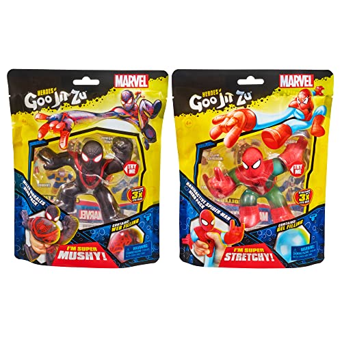 Heroes of Goo Jit Zu Marvel 2 Pack - Radioactive Spiderman and Miles Morales. Squishy, Stretchy, Gooey Heroes