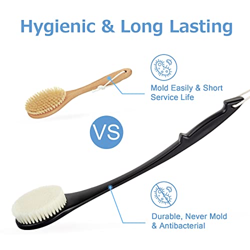 Exfoliating Shower Brush, Bath Body Brush, Never Mold Back Brush Long Handle for Shower, 17 Inches Dry Brushing Body Brush or Wet Brush with Moderate Bristles (Black)