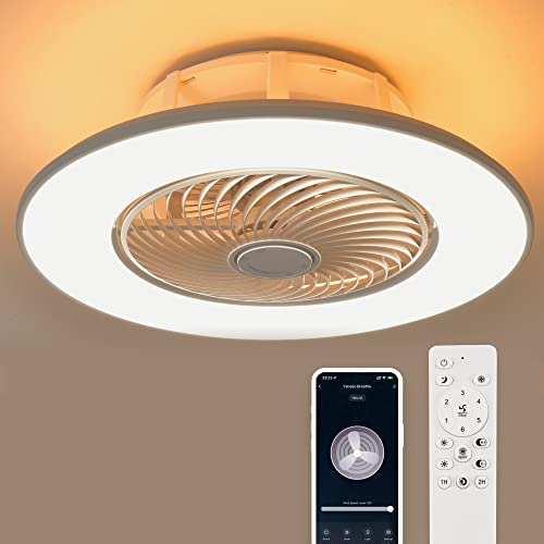 YANASO Upgraded Ceiling Fans with Lights - Low Profile Enclosed Ceiling Fan Bladeless, Remote & APP Control, 3 Colors Dimmable LED 6 Speeds (White)