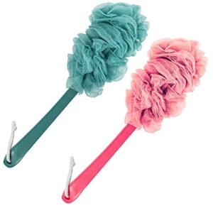 2pack back scrubber for shower, evmliy loofah sponge brush exfoliating body, long handle scrub brush for shower with loofah on a stick for back use, bathing accessories body brushes (2pack)